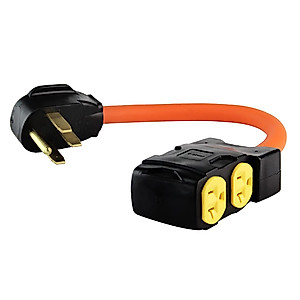 PLIS Nema 14-50P to 5-20R Generator Cord with Surge Protector Breaker,4 Prong Heavy Duty Generator Cord, 10AWG*4C Flexible Cable,Power Extension Cord,50Amp,Orange,1.5FT