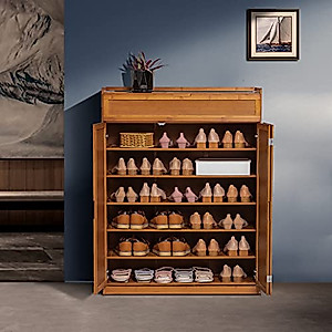 MoNiBloom Bamboo 7-Tier Shoe Organizer Cabinet with Folding Door Pull-Down Compartment Heels Boots, Hallway Entryway, Brown