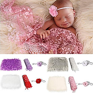 Yunnyp 3pcs Baby Photo Shooting Background Set,Baby Photo Props Fluffy Blanket + Wrap + Headband Set Newborn Photography Wrap Mat (Pink)