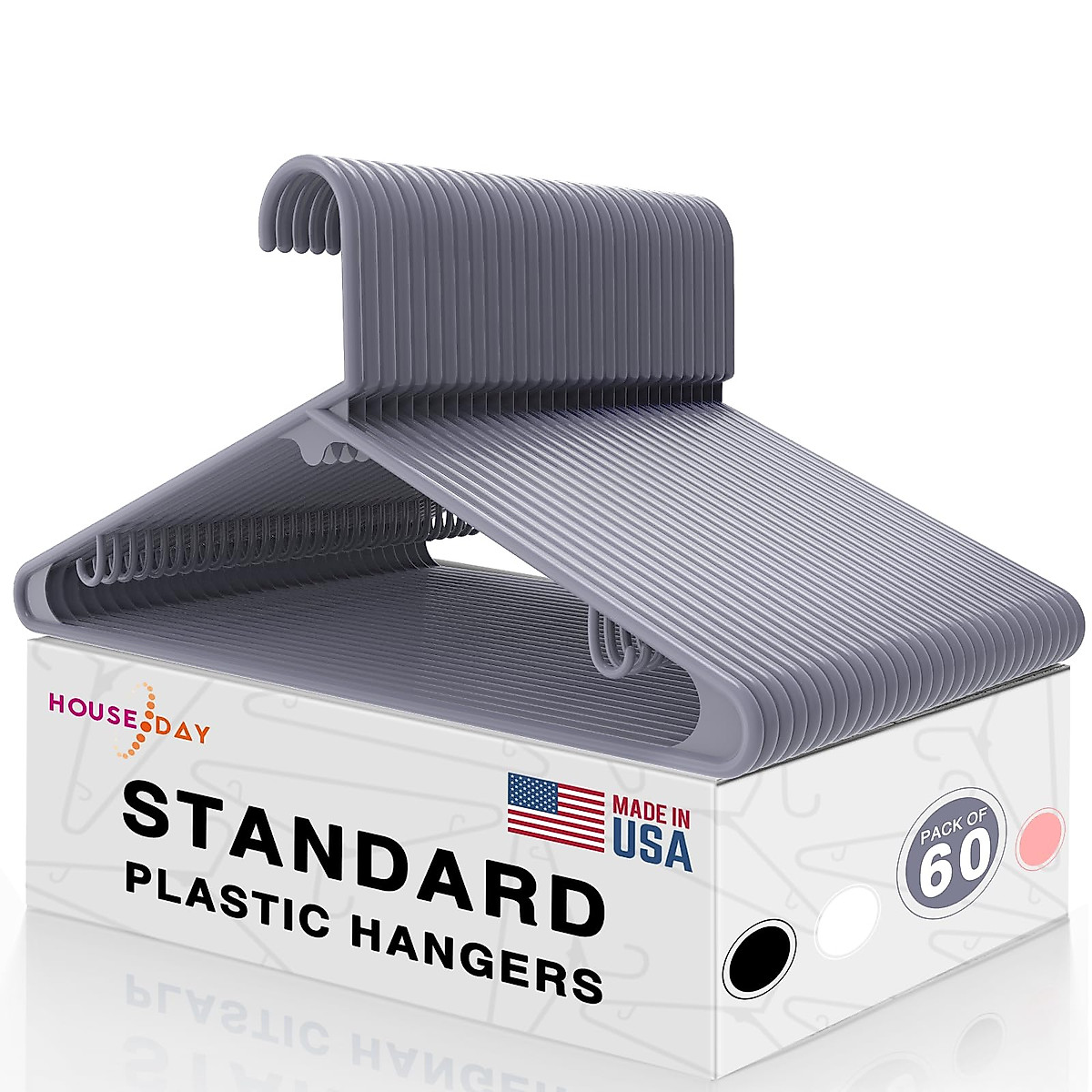 HOUSE DAY Plastic Hangers Grey 60 Pack Durable & Space Saving Clothes Hangers Bulk Suit & Coat Hangers with Non-Slip Hook Closet Hangers Lightweight Hangers for Clothing, Shirts, Pants, Dresses