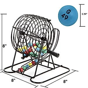 WIn SPORTS Bingo Game Set,8 Inch Metal Cage with Master Board,75 Multicolored Balls,150 Bingo Chips and 18 Bingo Cards, Ideal for Large Group Casino Game Set