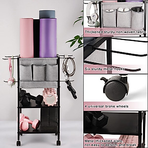 Retyion Yoga Mat Storage Rack, Home Gym Storage Rack Yoga Mat Storage Holder Home Exercise Equipment with Hooks and Pockets for Yoga Mat, Foam Roller, Dumbbell, Kettlebell, with Mobile Wheels