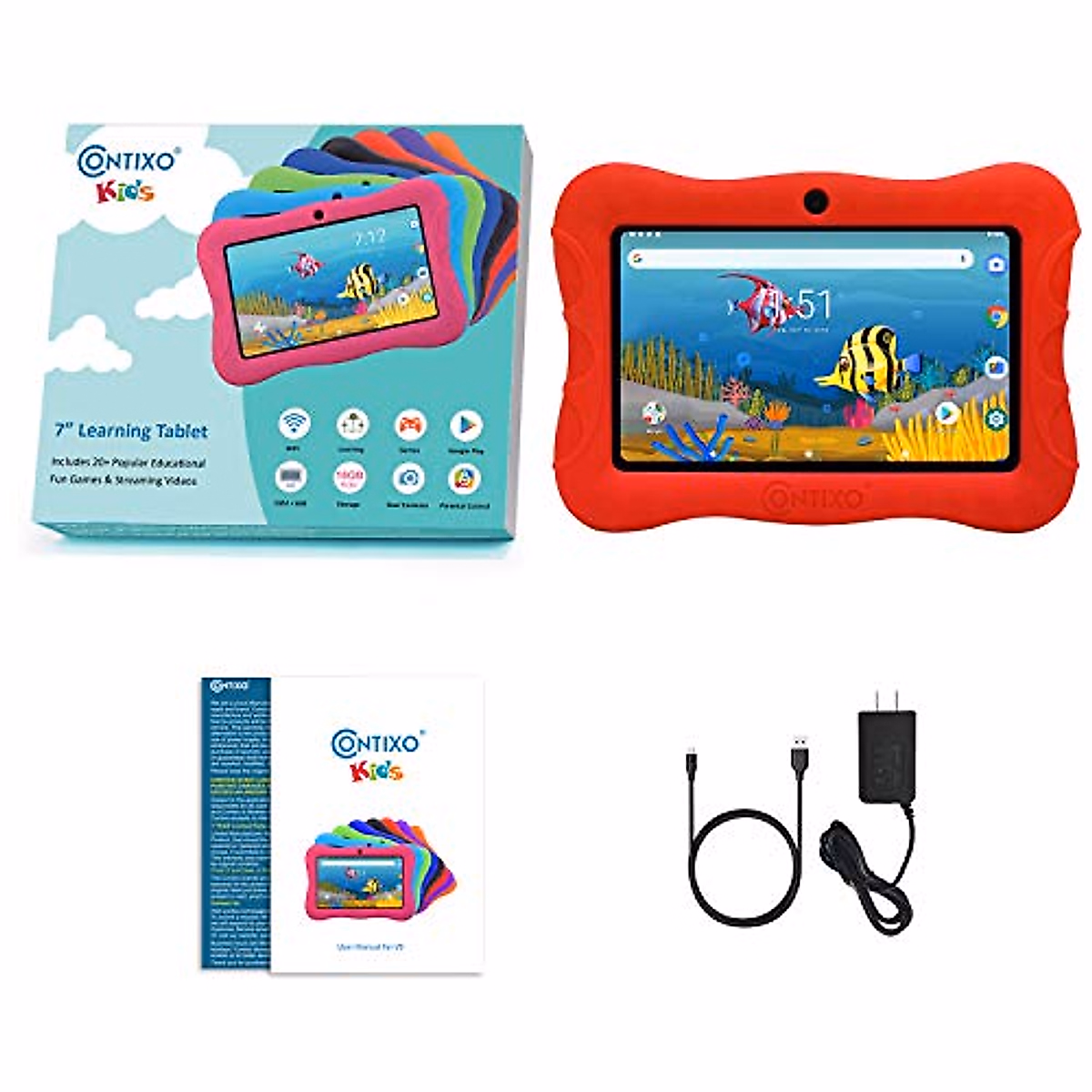Contixo 7 Inch Kids Learning Tablet - Parental Control 32GB Android 11, for at Home School Children Infant Toddlers - Pre-Loaded Disney E-Books Apps, Child-Proof Case, Great Gift for Children (Red)