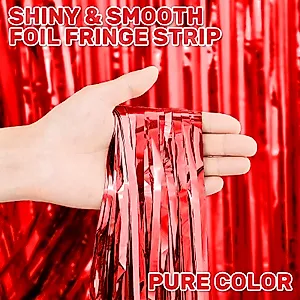 4-Pack Backdrop for Party Decorations, Foil Fringe Backdrop Curtains, Tinsel Streamers for Birthday Party Decorations, Tinsel Curtains for Halloween Valentine Disco Hollywood Theme Parties (Red)