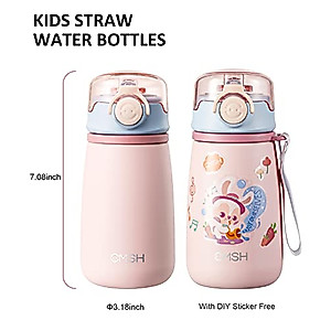 TKK Kids Insulated Water Bottle 16 oz Double Wall Vacuum Stainless Steel Thermos with Leak Proof Straw Lid & Strap Handle & Sticker (Pink)