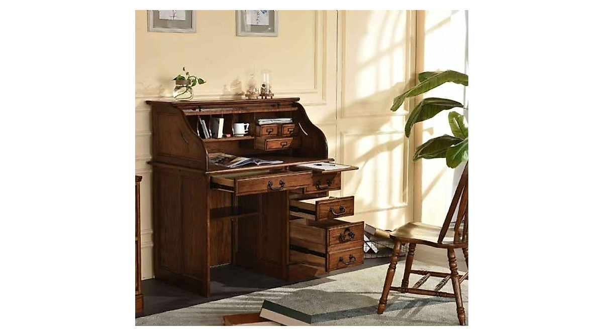 Compact Solid Oak Roll Top Desk for Home Office