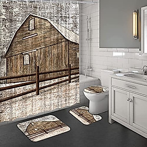 SiMiWOW Rustic Farmhouse Barn Shower Curtain Set with Bath Mat Bath Rugs Bathroom Decor Set of 4 Pieces
