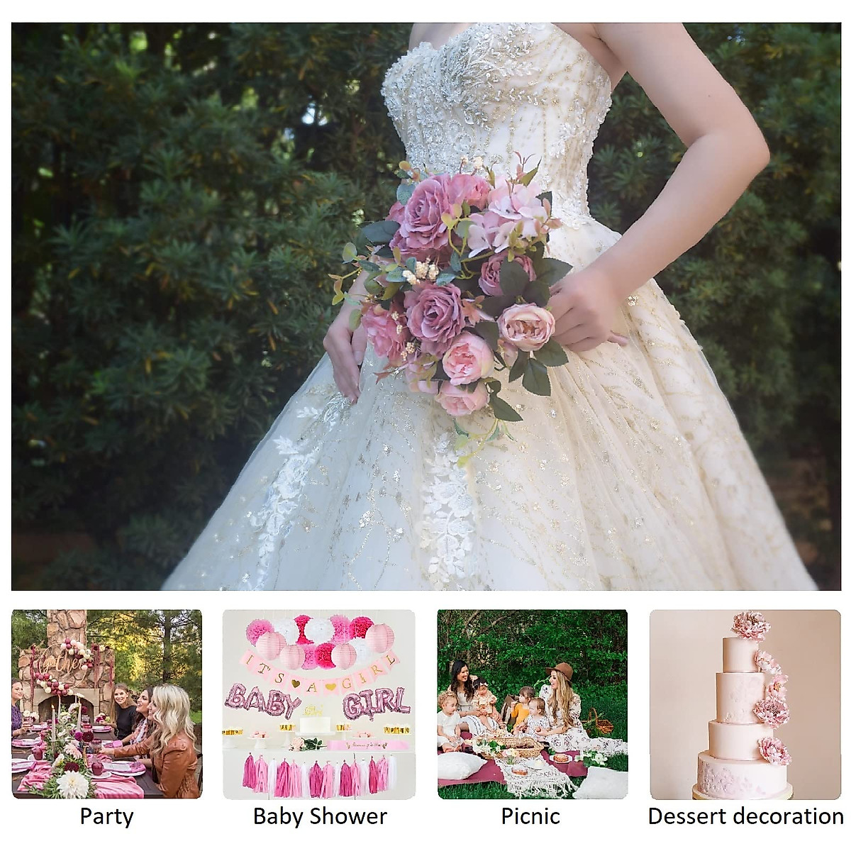 CONVEY 2PCS Pink Peony Hydrangea Silk Flowers Bouquet, Preserved Real Artificial Peonies Flowers Fake Flower for Garden Home Decor Flower Arrangement Wedding Baby Shower Party(1Light Pink+1Dark Pink)