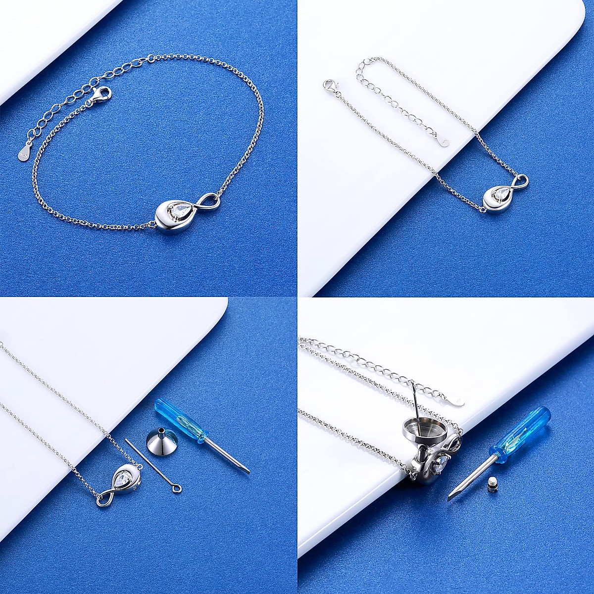 Sterling Silver Infinity Urn Bracelet for Ashes - S925 Teardrop Cubic Zirconia Cremation Keepsake Jewelry Gift for Women Loss Loved One