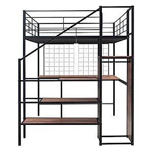ATY Full Size Loft Bed with L-Shaped Desk and Wardrobe &Storage Shelves, Stairway Metal Bedframe w/Grid, Save Space Design, for Bedroom, Dorm, No Spring Need Required, Black
