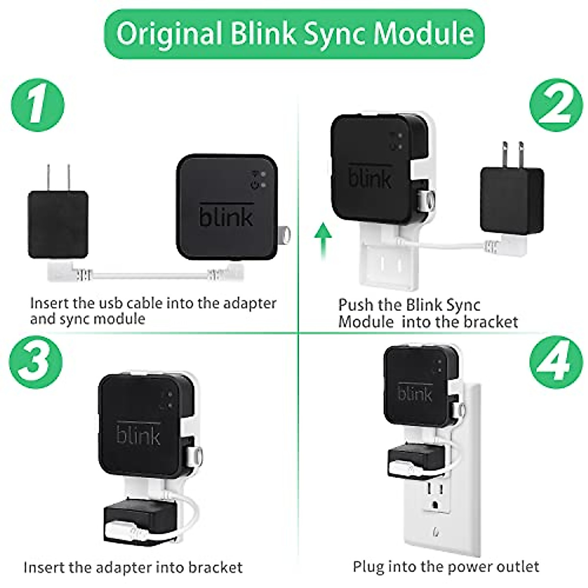 64GB USB Flash Drive and Outlet Wall Mount for Blink Sync Module 2,Mounting Bracket Holder with Short Cable for All-New Blink Outdoor Indoor Home Security Camera Sync Module, No Messy Wires or Screws