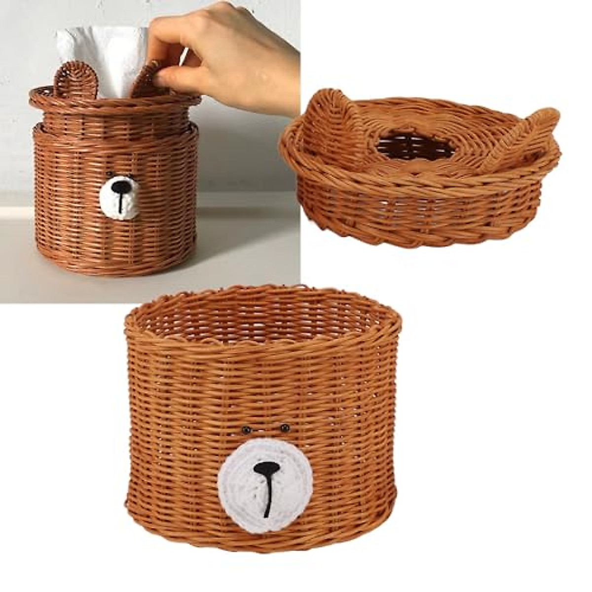 Atyhao Cute Bear Tissue Box Cover Rattan Holder with Lid, Round Easy Maintenance Dispenser, Versatile Decor, Photography Prop for Kids Rooms, Tables