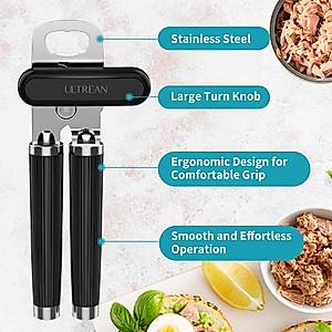 Ultrean Manual Can Opener Bottle Opener,Heavy Duty Stainless Steel Smooth Edge Manual Hand Held Can Opener With Soft Touch Handle, Rust Proof Oversized Handheld Easy Turn Knob, Large Lid Opener