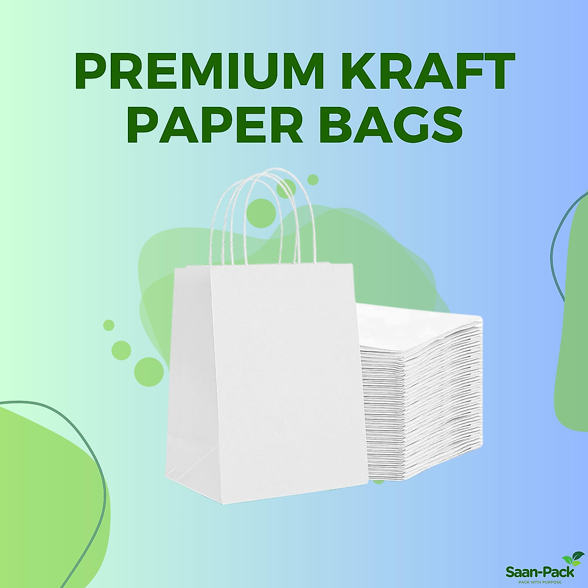 Saan-Pack Kraft Paper Bags with Handles 8"x4.5"x10.25", 25 Pack, White | Paper Gift Bag, Shopping Bag for Parties, Favors, Businesses