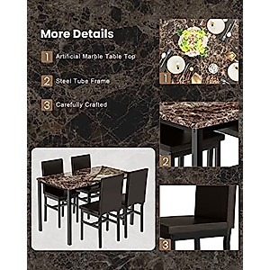 DKLGG Dining Table Set for 4, 5 Pieces Faux Marble Dining Set Kitchen Table and Chairs with 4 Leather Upholstered Chairs for Kitchen, Bar, Living Room, Breakfast Nook, Small Space