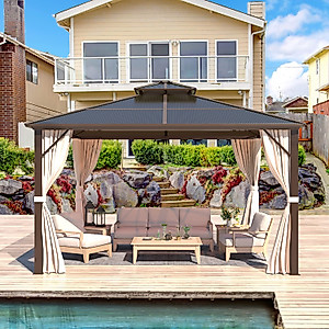 EROMMY 12' x 12' Gazebo Polycarbonate Double Roof Canopy Outdoor Aluminum Frame Pergola, Permanent Pavilion with Netting and Curtains for Garden Patio Lawns Parties