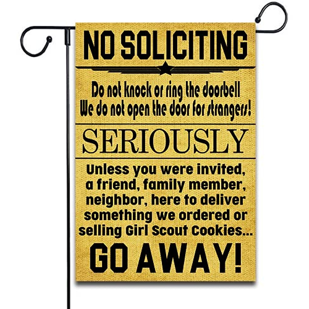 Funny No Soliciting Flag Homeowners Flag Funny Go Away Flag Funny Garden Flag No Soliciting Sign mothers day House Gift Decor Yard Decor Outdoor Decor Double Sided Flax Garden Flag 12" x 18"