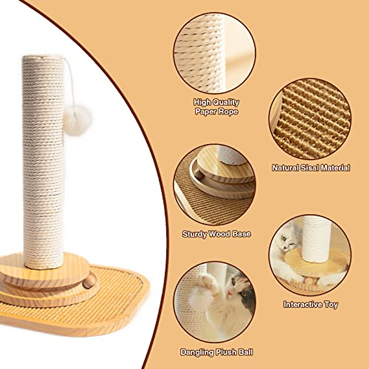 PLUROOF Cat Scratching Post, Cat Scratcher, 4-in-1 Premium Sisal Scratching Pad and Paper Rope Scratching Post with Interactive Track Toys and Dangling Plush Ball for Indoor Cats
