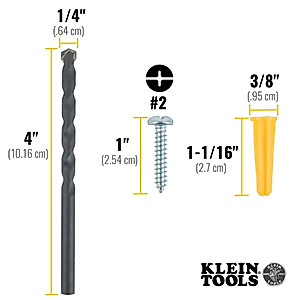 Klein Tools 53729 Conical Anchor Kit, 100 Anchors, 100 #2 Phillips, 1/4 Inch Masonry Drill Bit, Drywall and Masonry