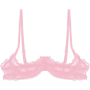 YOOJOO Women Sexy 1/4 Cup Sheer Lace Bra Push Up Underwired Shelf Bra Unlined See Through Bralette Dusty Pink Medium