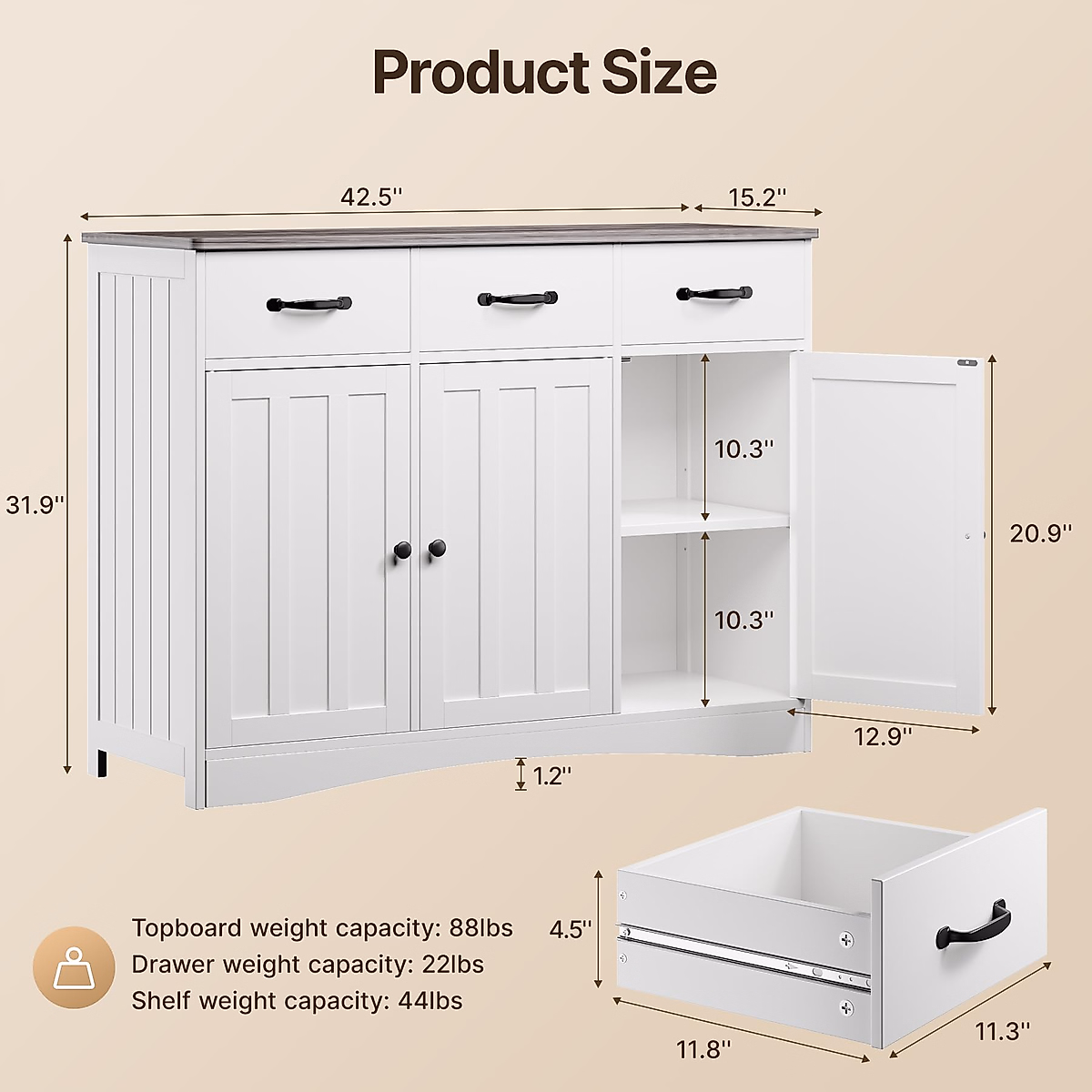 Gizoon Farmhouse Buffet Cabinet with 3 Drawers and Barn Doors, Stylish Wood Coffee Bar Cabinet with Adjustable Shelf, Modern Sideboard for Kitchen, Dining Room, Living Room, Grey