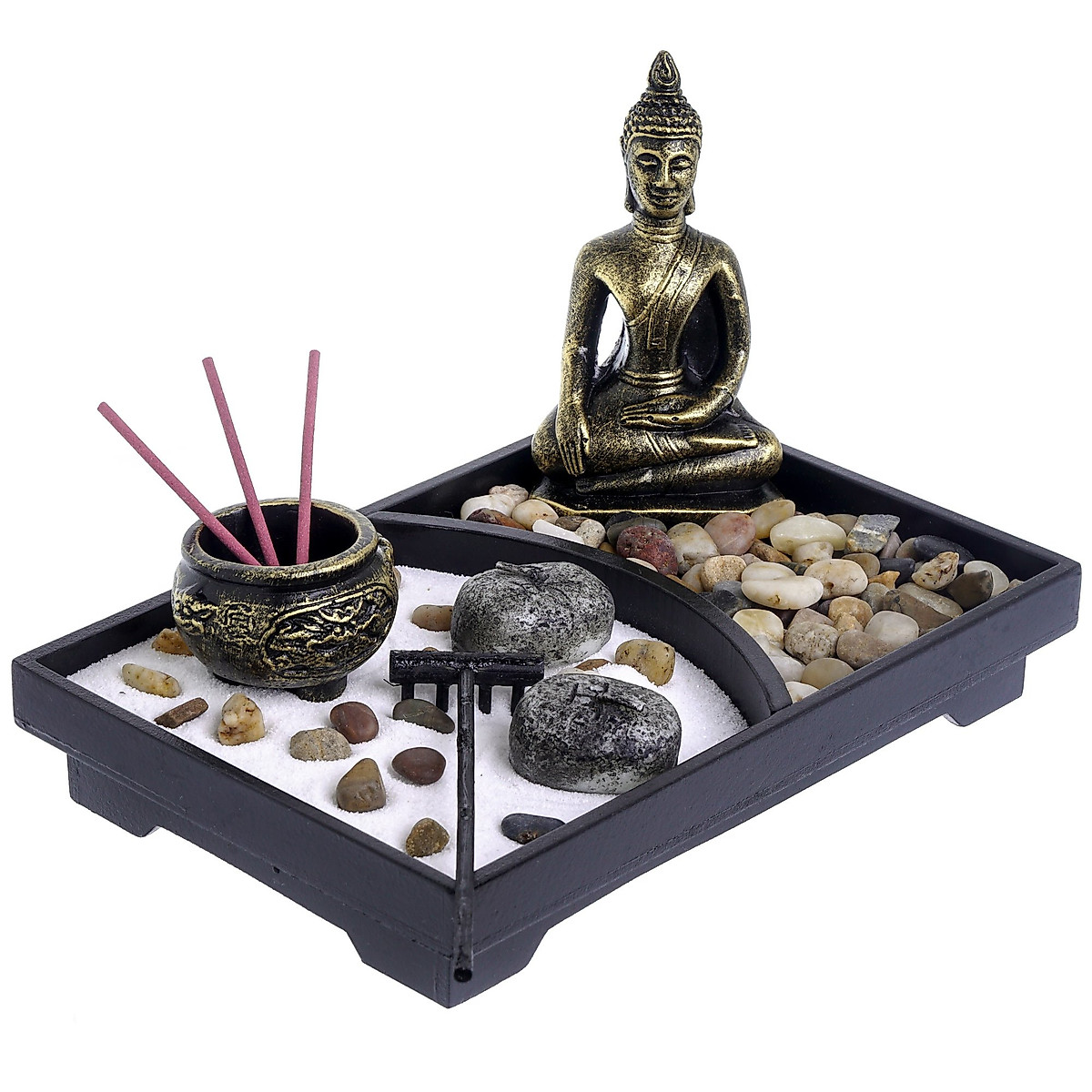 London Boutique Meditation Gift Set Yin Yang Meditation Zen Garden Candle Incense Holder White Sand and Decorative Stones (Thai Buddha)
