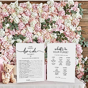 2 Bridal Shower Games, What's in Your Purse Game & Who Knows Bride Best -Set of 30, Double Sided Printed Minimalist Bridal Shower Cards, Wedding Party Game Cards for Guests, Bridal Shower Ideas-HLYX07