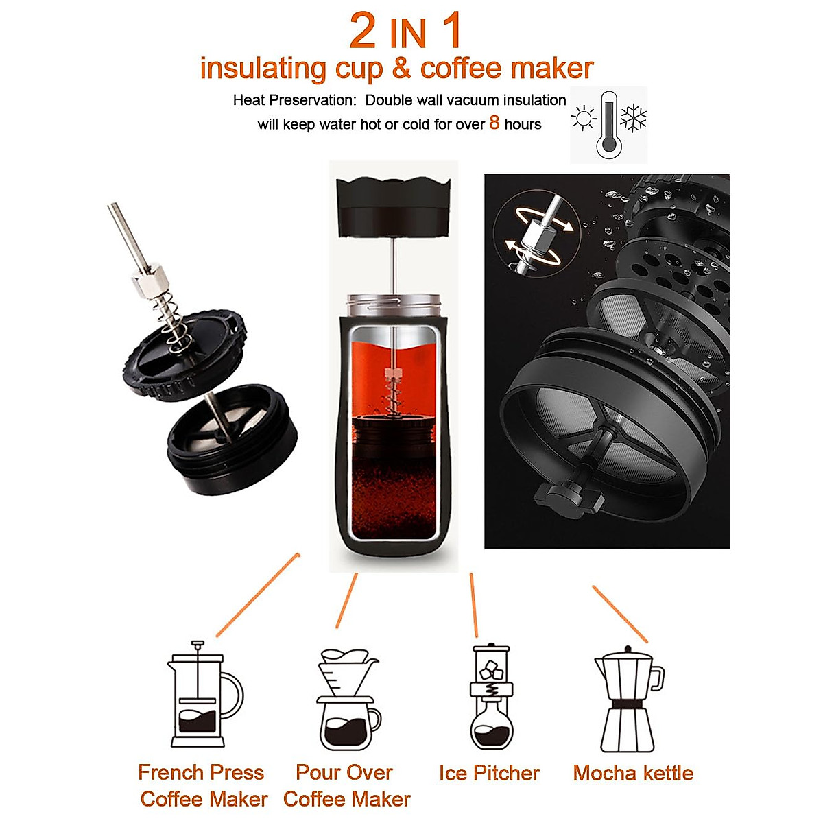 Portable French Press Travel Coffee Maker, Double Walled Stainless Steel Vacuum Insulated Coffee Maker and Tea Maker,12 Ounce, Mini Vacuum Mug Filter Coffee Cup for Travel (Black)