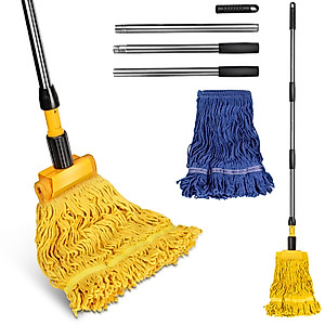 Almcmy Commercial Mop, Looped-End String Wet Mop with 2 Mop Head Replacement, Heavy Duty Mop Floor Mop with 55" Stainless Steel Handle & Jaw Clamp, Industrial Dust for Floor Cleaning