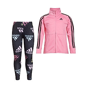 adidas Girls' Zip Front Classic Tricot Jacket and Joggers Set, Bliss Pink, 6 Plus