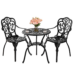 Bistro Set 3 Piece Outdoor Bistro Set, Cast Aluminum Bistro Table Set with Umbrella Hole, Anti Rust Bistro Table and Chairs Set of 2 for Front Porch, Balcony, Bronze