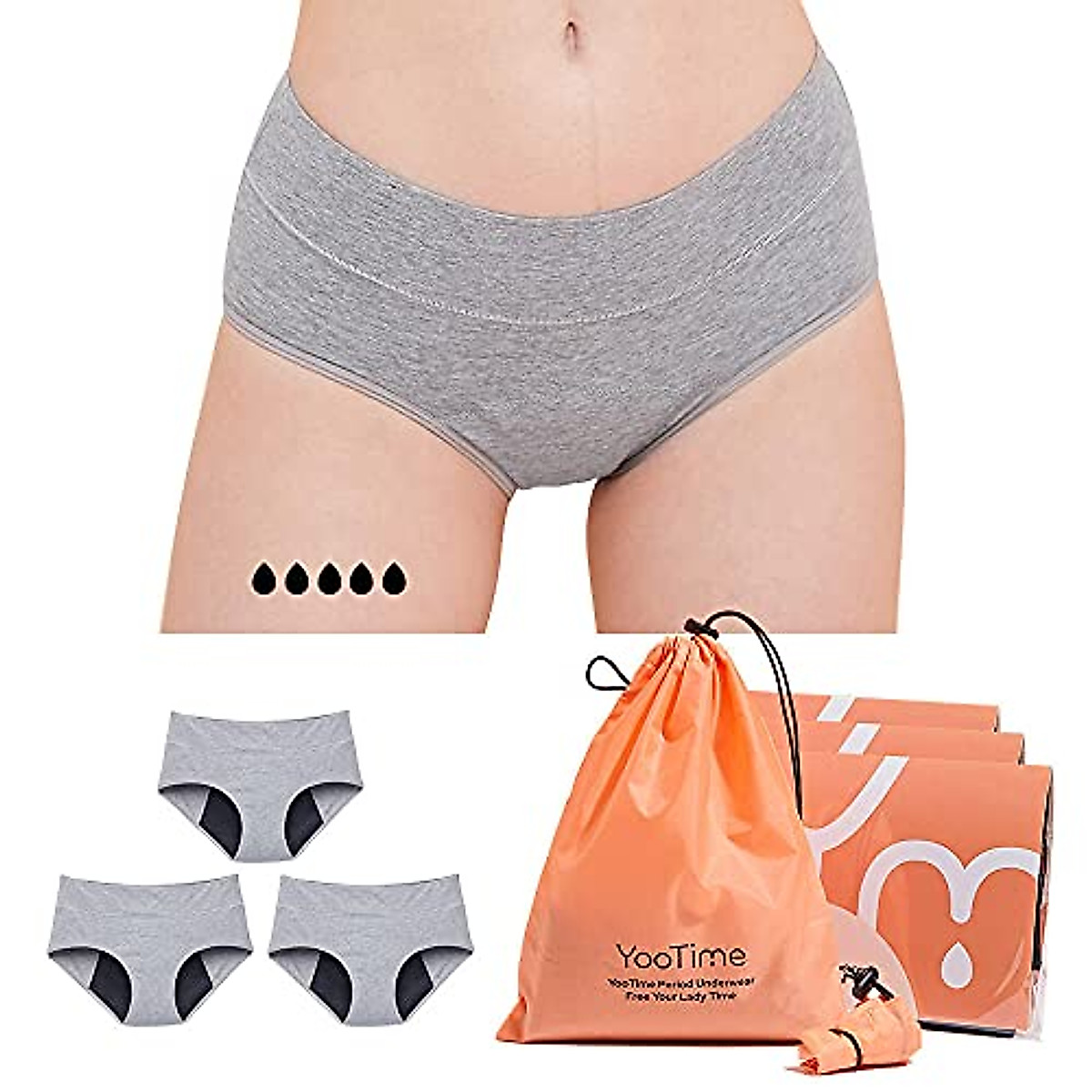 YooTime Sport Period Panties, Cotton Period Underwear for Women Teen Girls Heavy Flow, Nightwear Hipster Panties with Storage Bag Grey/3Pack/M