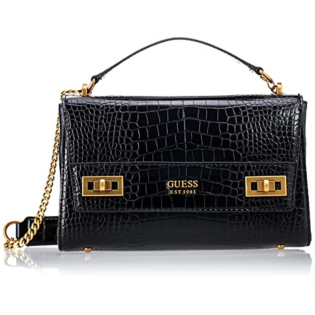 GUESS Womens Katey Croc Flap Shoulder Bag, Black, One Size US