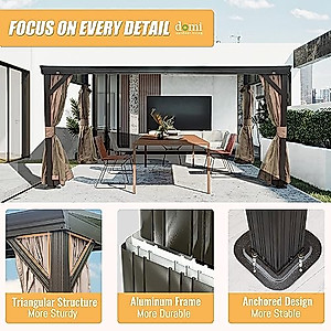 Domi Outdoor Living 10' x 12' Hardtop Gazebo with Aluminum Frame, Wall Mounted Gazebo Galvanized Steel Roof Sloping Pergola with Curtains and Netting for Patio Deck Backyard Lawn Party