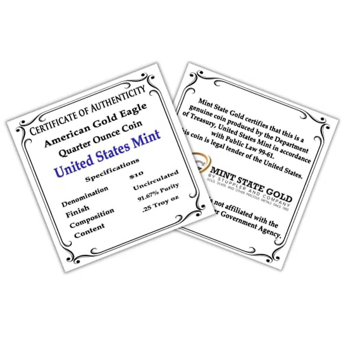 1986 - Present (Random Year) 1/4 oz American Gold Eagle Coin Brilliant Uncirculated (Type 1 or Type 2) in Original United States Mint Box with Certificate of Authenticity 22K $10 BU