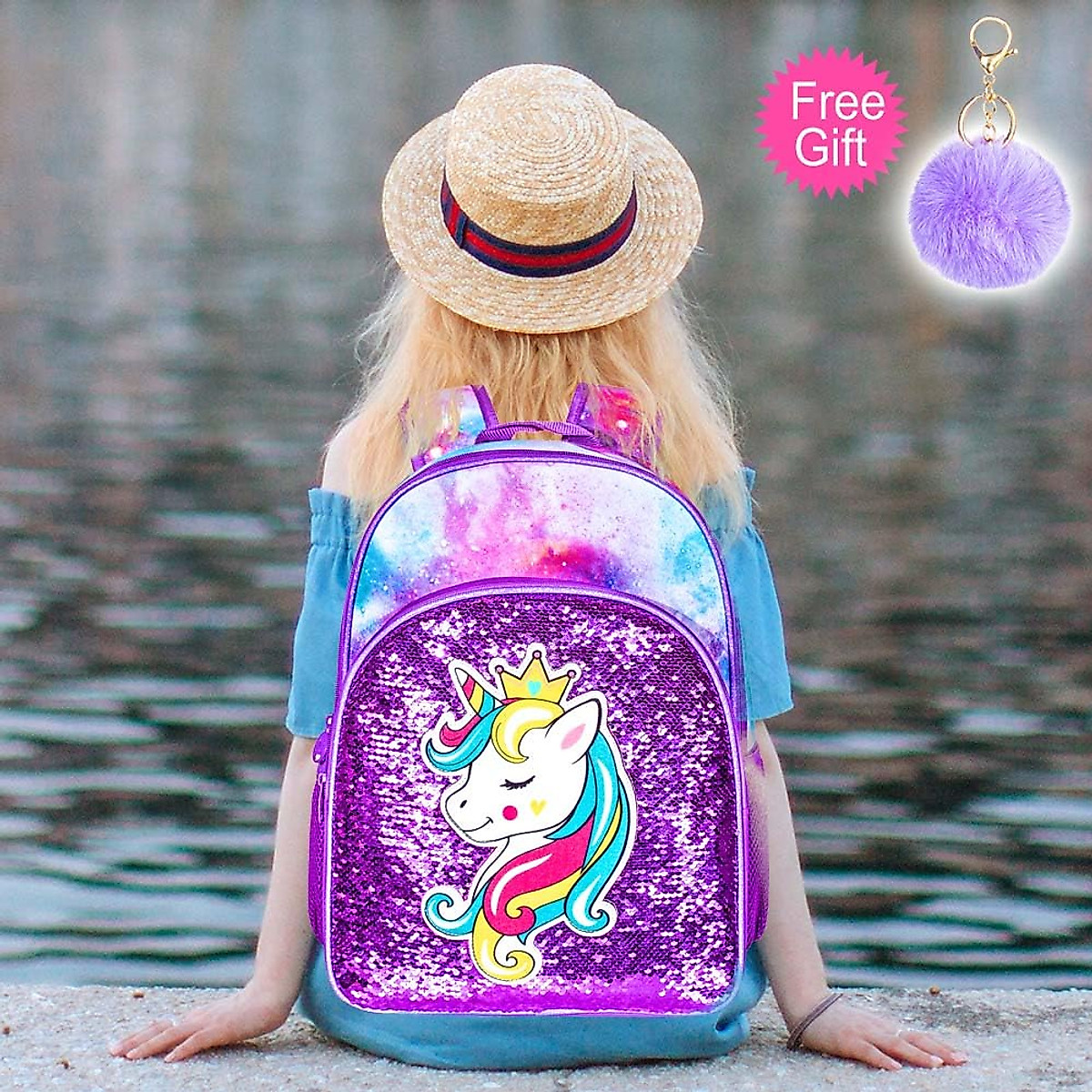 TXHVO 3PCS Unicorn Backpack for Girls, 16" Sequin Kids Bookbag with Lunch Box, School Backpacks for Elementary Preschool Preschool- Purple