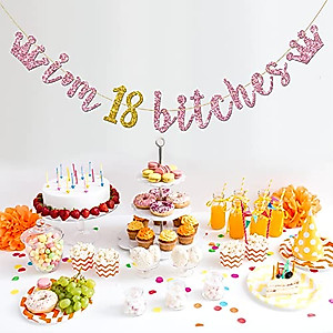 Pink Gold I'm 18 Bitches Banner - Happy 18th Birthday Banner for Girls, Cheers to 18 Years Party Decorations Glitter
