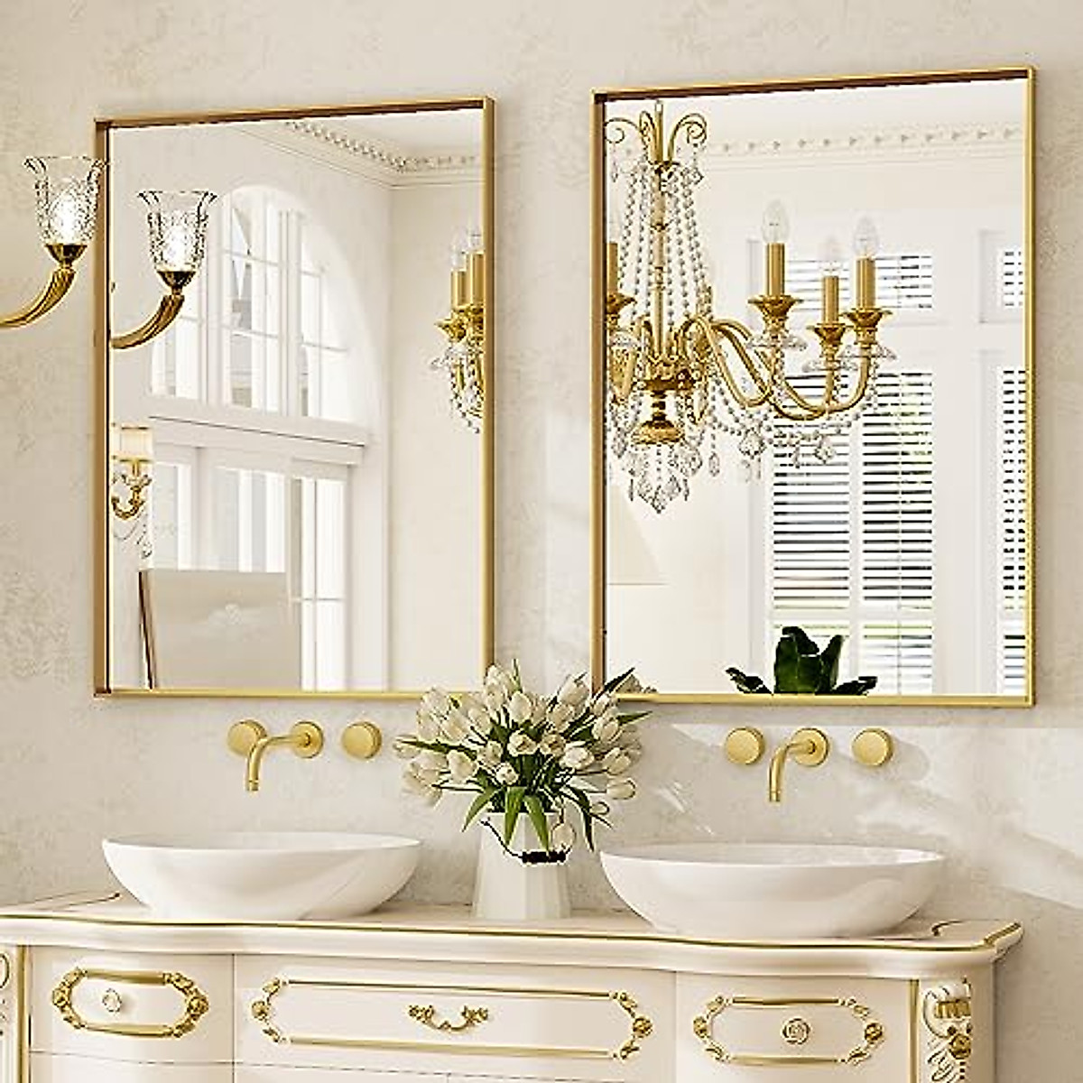XRAMFY Gold Framed Mirrors for Bathroom, 24x36 inch Bathroom Vanity Mirror, Metal Frame Wall Mounted Rectangle Mirror for Washroom Bedroom Living Room (Horizontal/Vertical)