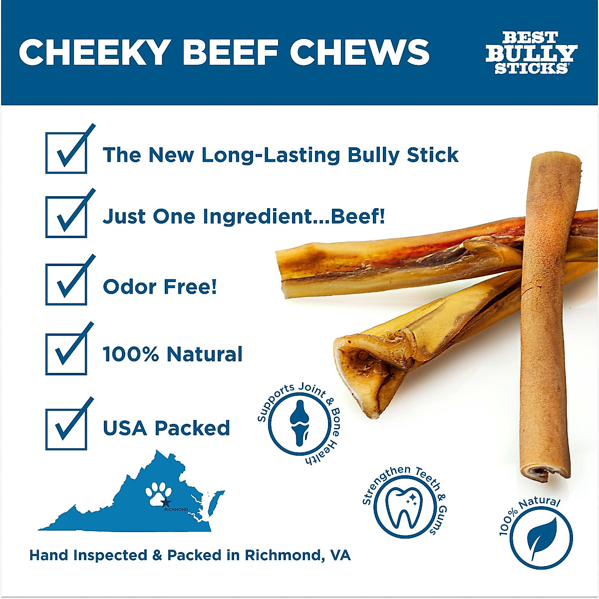 Best Bully Sticks Cheeky Beef Chews - Single Ingredient, 100% Grass-Fed Beef - USA Packed - Long-Lasting, Odor Free Alternative to Bully Sticks, 6" Chews - 20 Pack