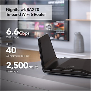 NETGEAR Nighthawk WiFi 6 Router (RAX70) 8-Stream Gigabit Router, AX6600 Tri-Band Wireless Speed (Up to 6.6 Gbps), Coverage Up to 2,500 sq.ft. and 40 Devices
