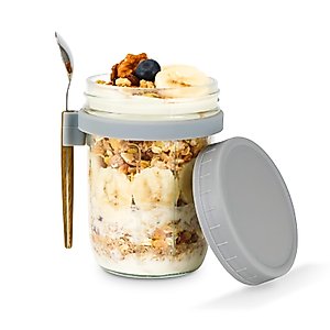 HOXHA Overnight Oats Containers With Lids And Spoon Glass Mason Jars Reusable With 12 Oz Measurement Marks For Cereal Yogurt And Parfait