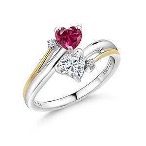 925 Sterling Silver and 10K Yellow Gold Red Created Ruby and Forever Classic Moissanite from Charles & Colvard 2 Heart Engagement Ring For Women (1.12 Cttw, Available In Size 5, 6, 7, 8, 9)