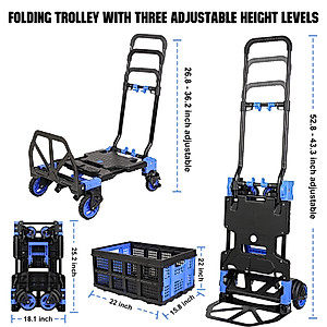 ITEFDTUTNE 2 in 1 Folding Hand Truck Dolly with Basket,330LBS Capacity Hand Cart Foldable, Folding Dolly Cart with Wheels, Collapsible Dolly, Hand Truck Foldable Dolly with Retractable Handle