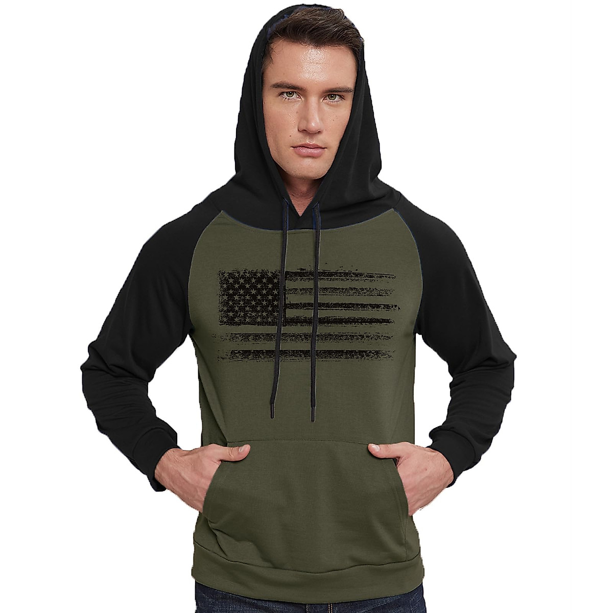 H HYFOL Men's Sweatshirt USA FLAG Patriotic Graphic Polyester Hoodies for Men Pocket Raglan Long Sleeve Sweatshirts(Olive Green,L)