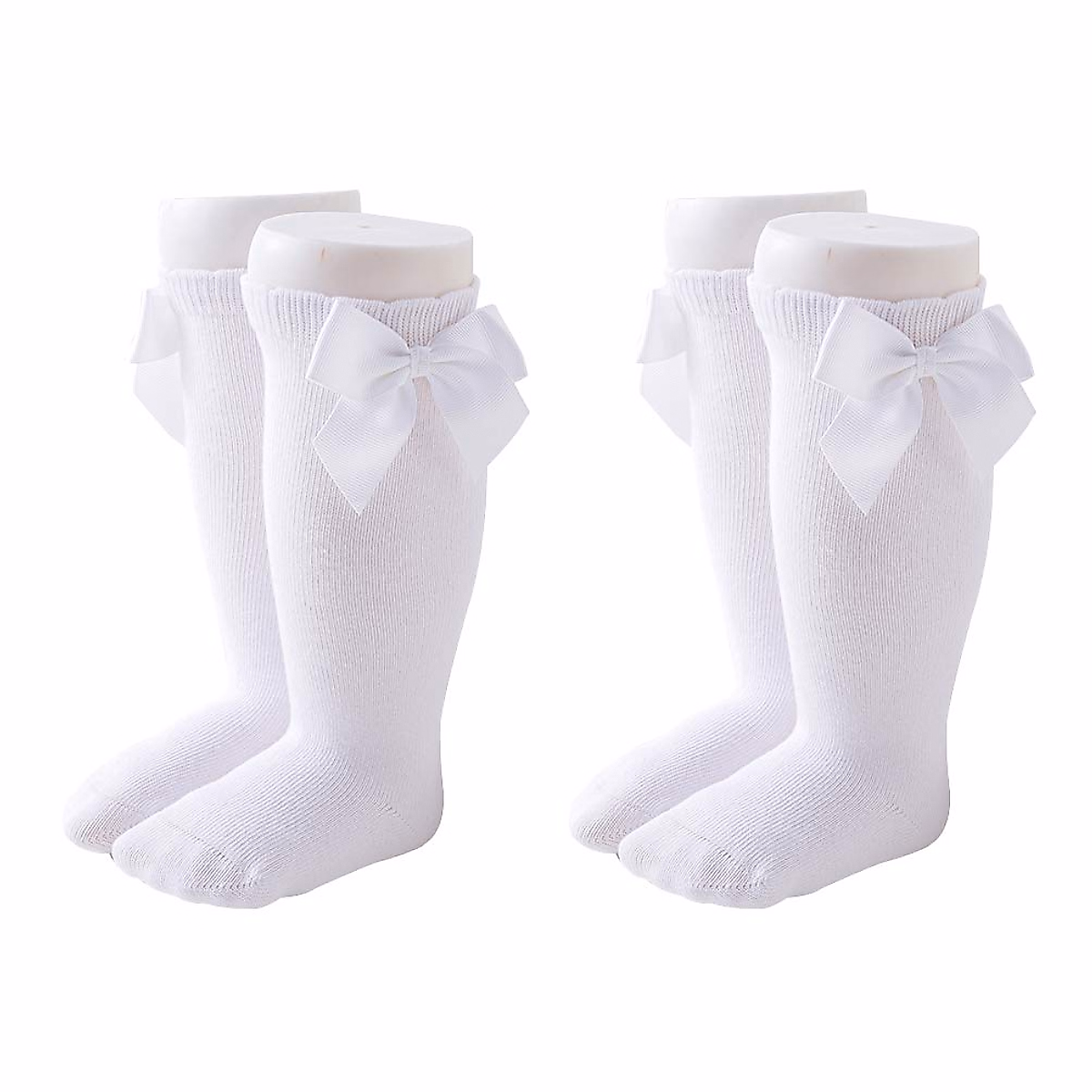 Maorrew 2 Pack Baby Girls Knee High Socks Bow Long Stockings Infants Toddlers Cotton Ruffled Uniform Leggings White 2 Pack 3-5T