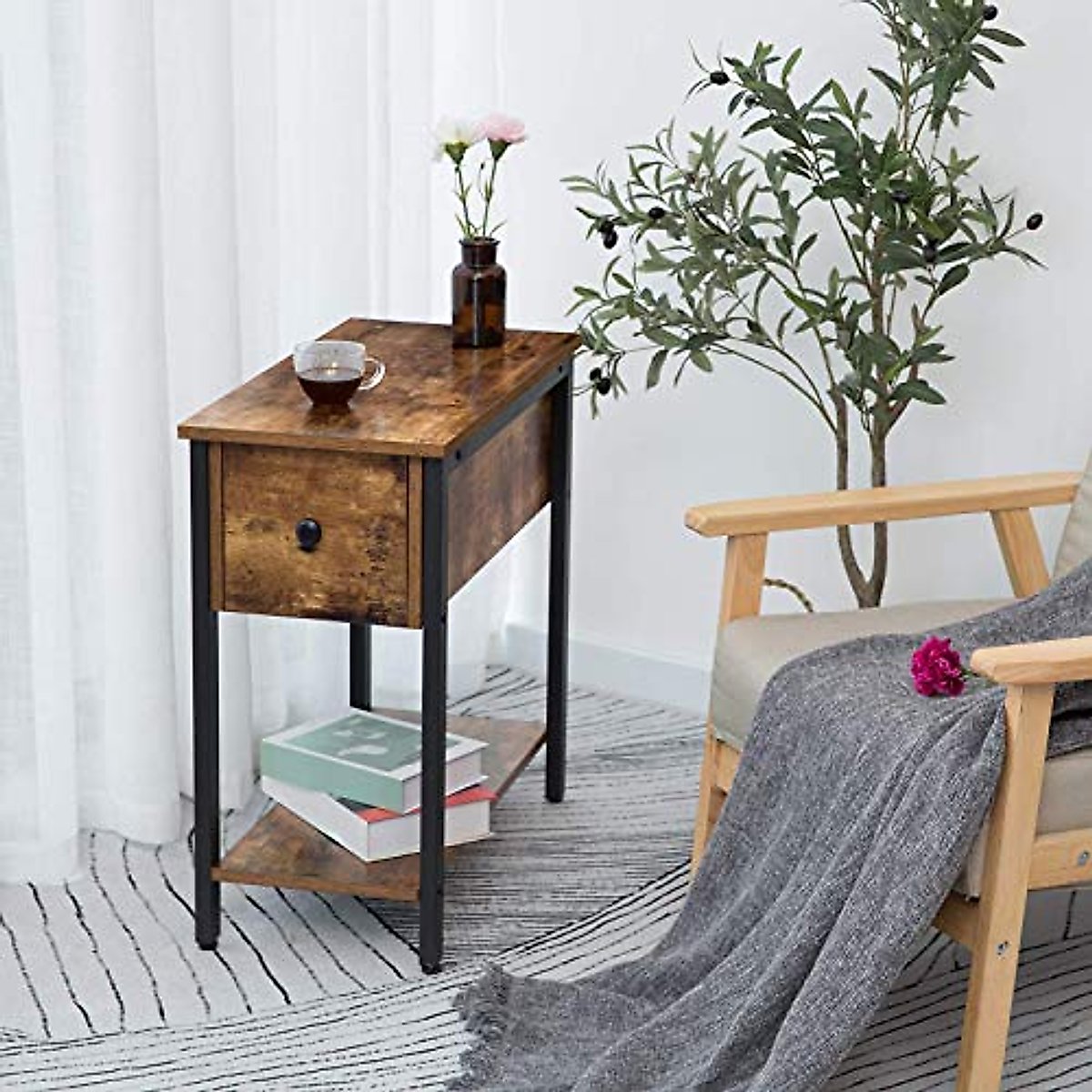 HOOBRO Side Table, 2-Tier Nightstand with Drawer, Narrow End Table for Small Spaces, Stable and Sturdy Construction, Wood Look Accent Furniture with Metal Frame, Rustic Brown and Black BF04BZ01