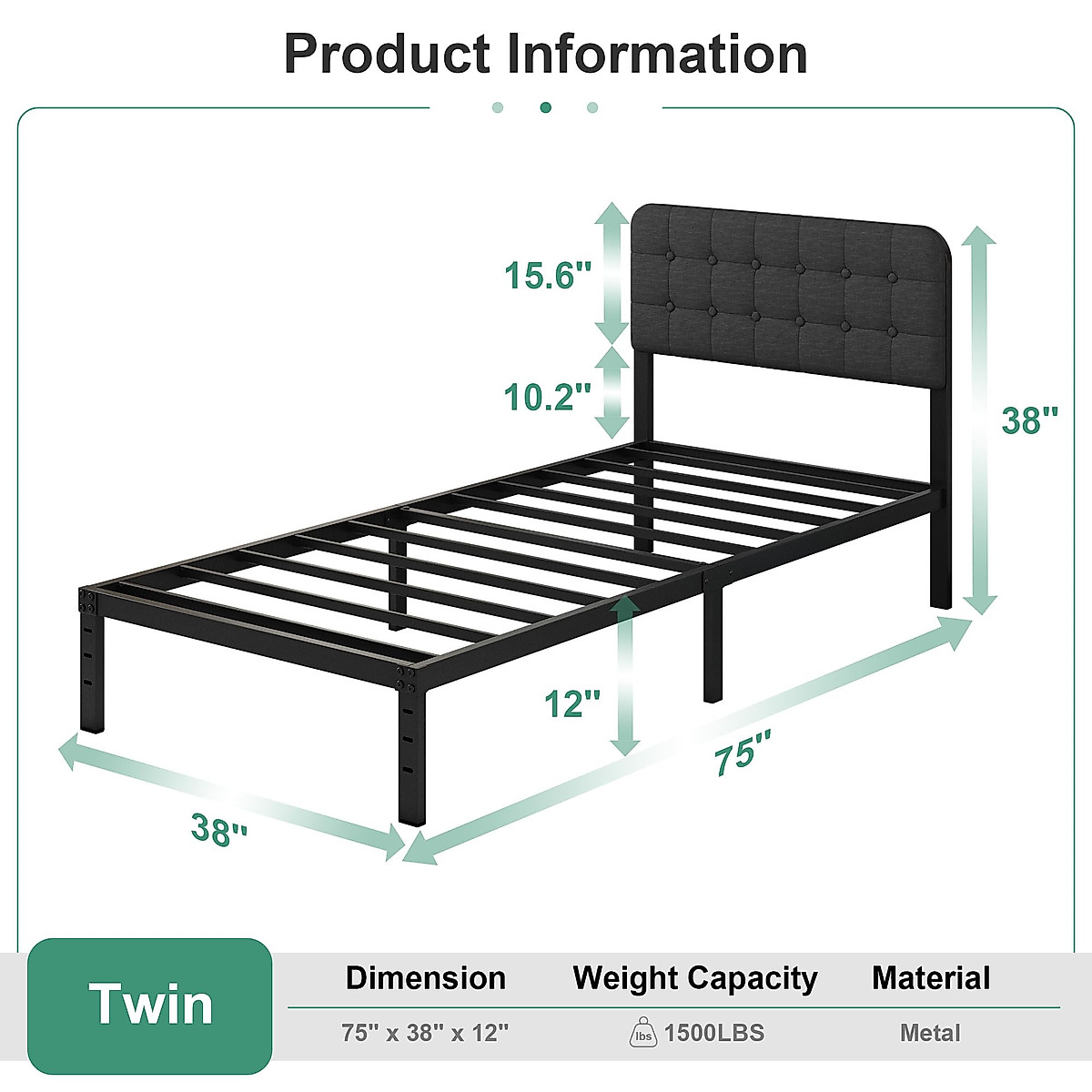 Likelalaso Twin Bed Frame with Upholstered Headboard, 12 inch Twin Metal Platform Bed Frame, Steel Slat Support, Noise Free, No Box Spring Needed, Easy Assembly, Black