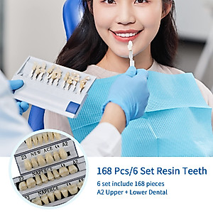 168 Pieces False Teeth Dental Complete Acrylic Resin Denture Teeth, 6 Sets Whole Teeth Synthetic Polymer Denture Tooth, 23 Shade A2 Upper + Lower Dental Materials for Replacement, DIY, or Halloween