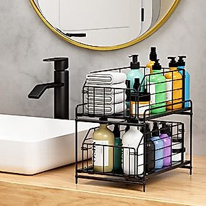 Lxmons Pull Out Under Sink Organizer, 2 Tier Slide Out Cabinet Drawer Organizer, Metal Basket Home Shelf for Bathroom or Kitchen, Sliding Countertop or Pantry Organization Storage, Large Black