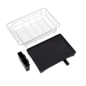DOUBLE 2 C Dish Drying Rack, Stainless Steel Dish Drainer for Kitchen, Small Dish Drainer Rack for Kitchen Counter, Set of Rustproof Dish Rack and Drainboard (Black)